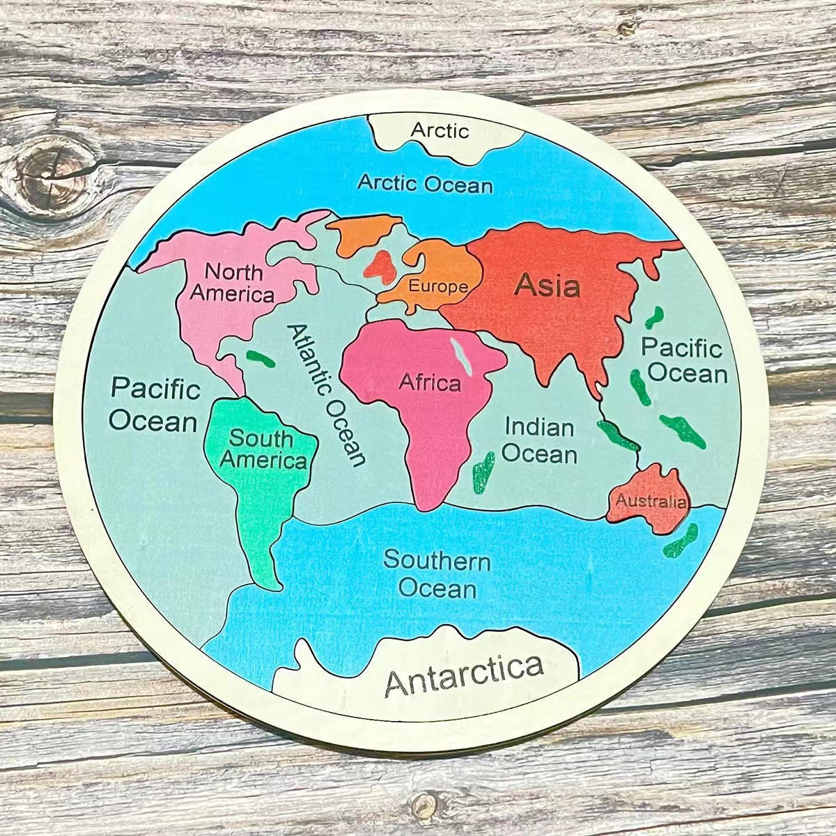 Wooden Seven Continents Puzzle - Colorful World Map Jigsaw for Early G